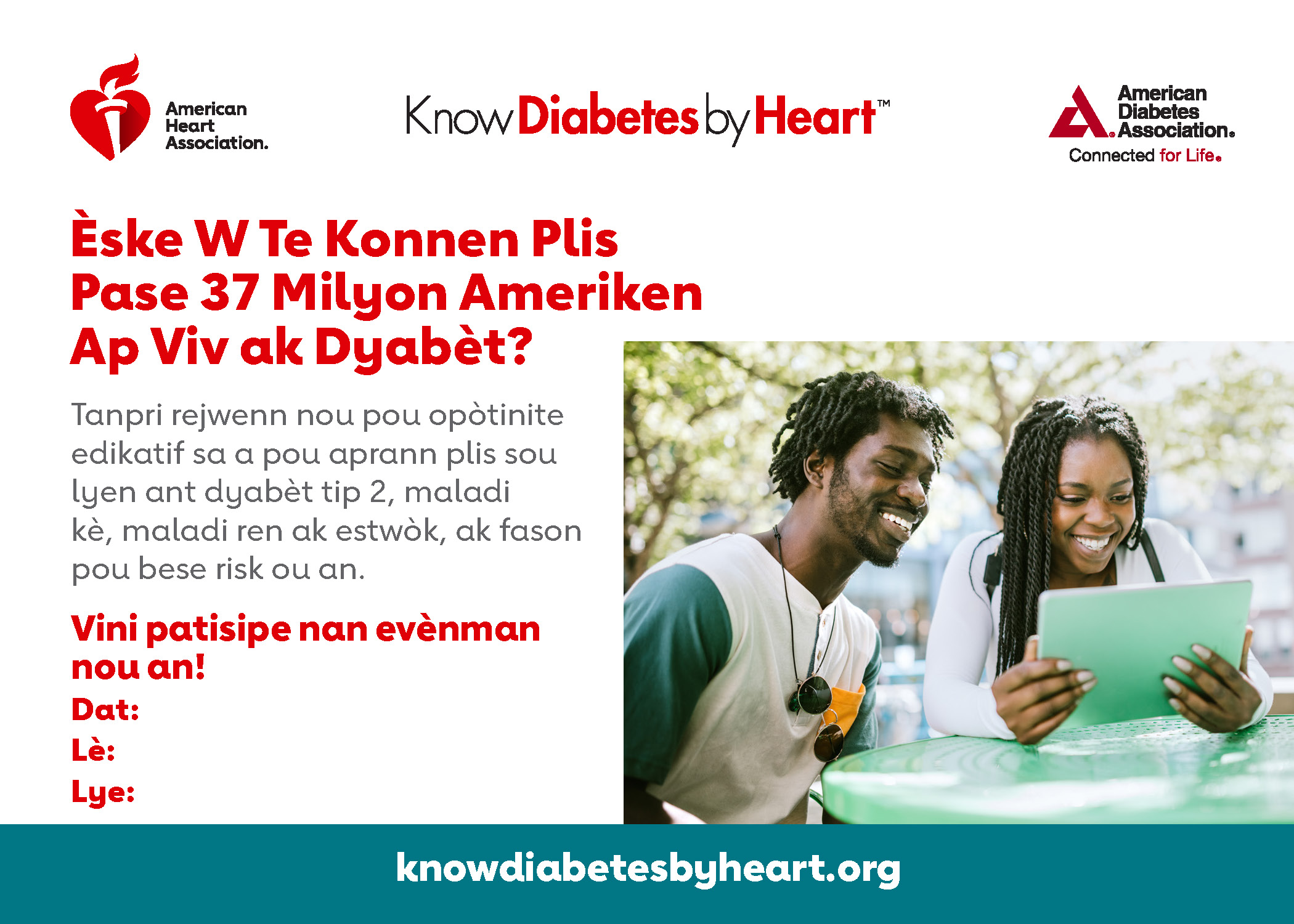 Health Lesson Event Postcard - Haitian-Creole - Know Diabetes by Heart